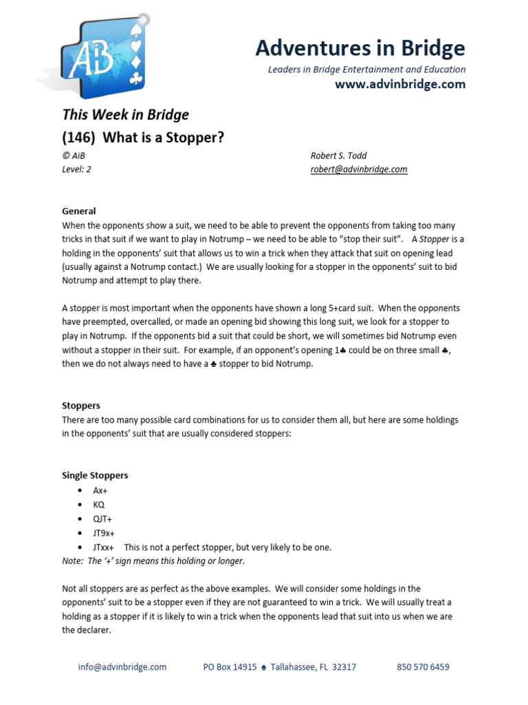 What Is A Stopper | PDF | Contract Bridge | Playing Cards