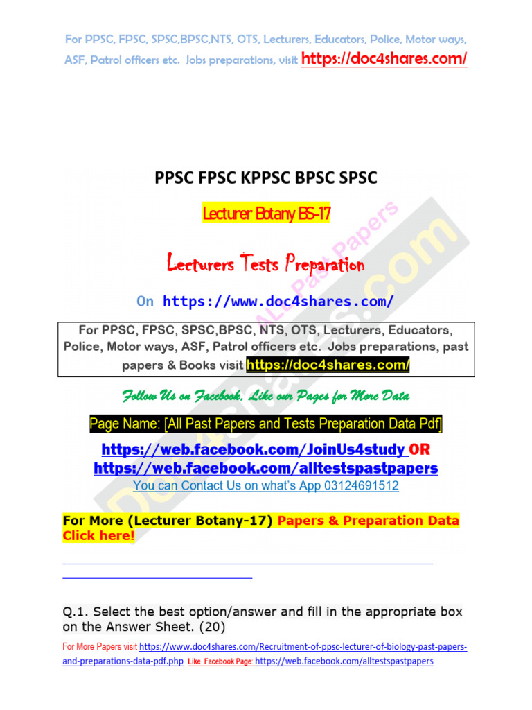 Botany Mcqs For Lecturer Botany BPS-17 | PDF
