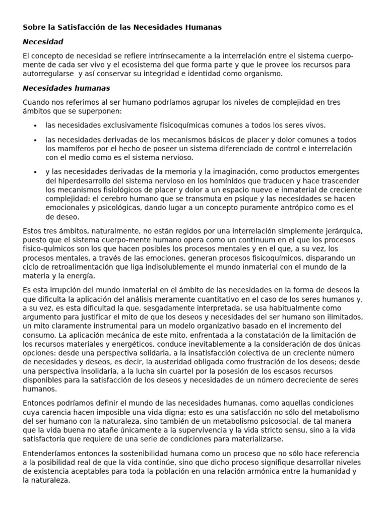Sobre La Satisfacción de Las Necesidades Humanas | PDF