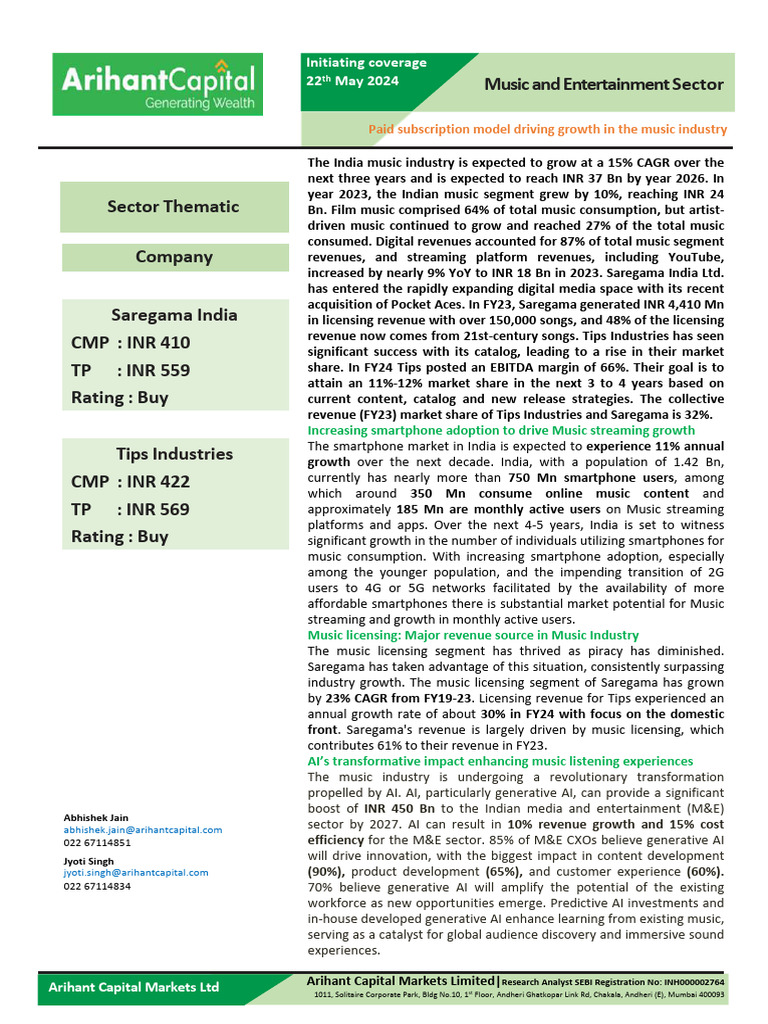 Thematic Report Music Saregama & Tips Industries | PDF | Spotify | Streaming Media