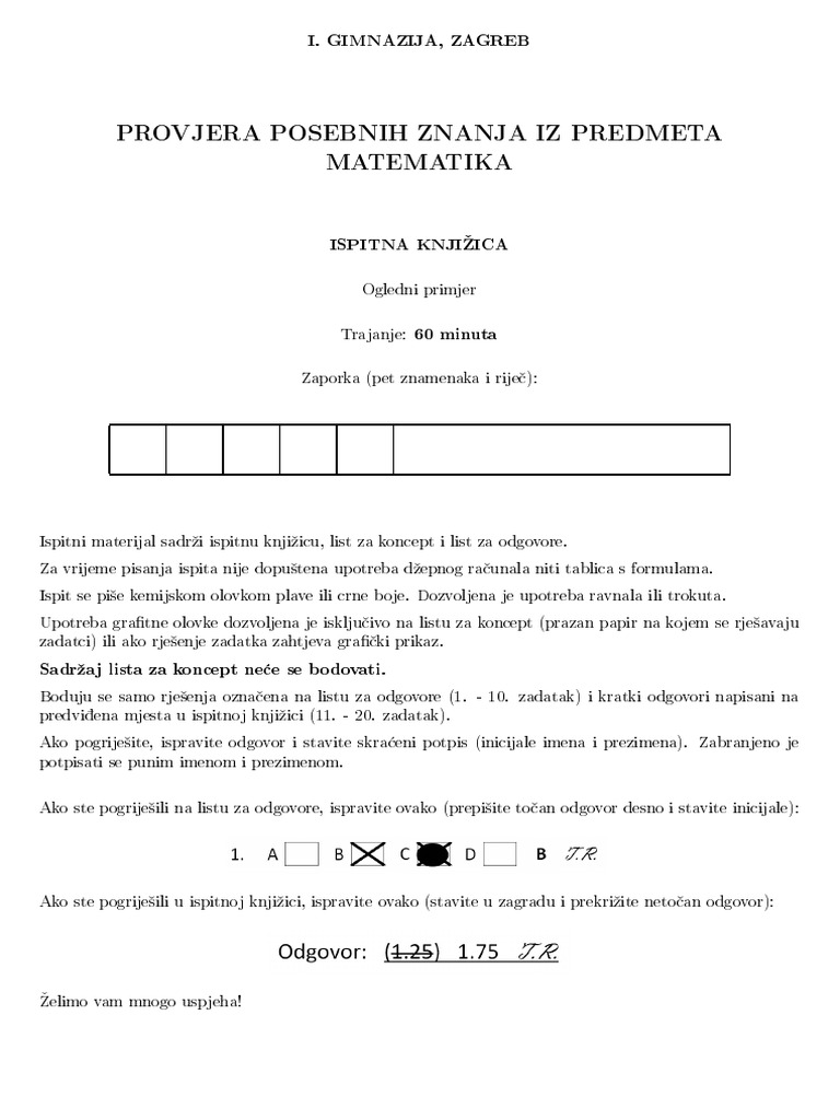 I. GIMNAZIJA, ZAGREB PROVJERA POSEBNIH ZNANJA IZ PREDMETA MATEMATIKA Ogledni | PDF
