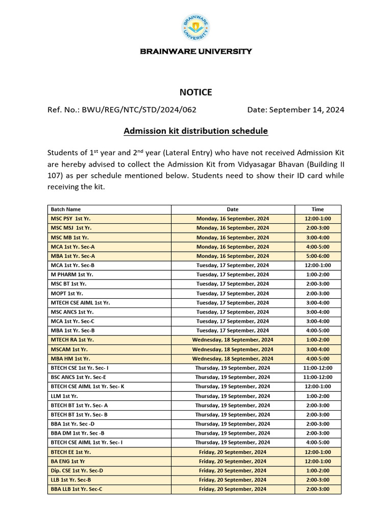 Student Notice 2024-09-14 Admission Kit Distribution Schedule | PDF