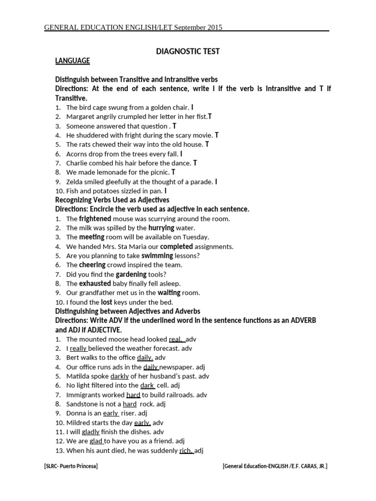 Answer Key For Diagnostic Test | PDF