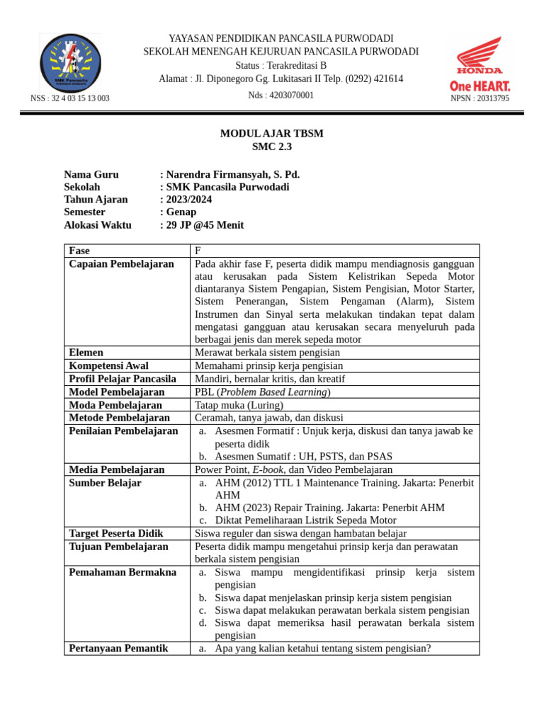 Modul Ajar - TBSM - Sistem Pengisian - Kelas XI (Genap) | PDF