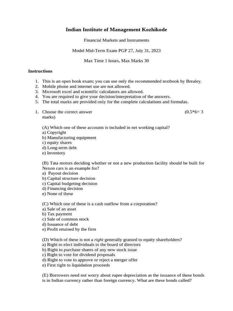 FMI Mid Term Model Question Paper | PDF