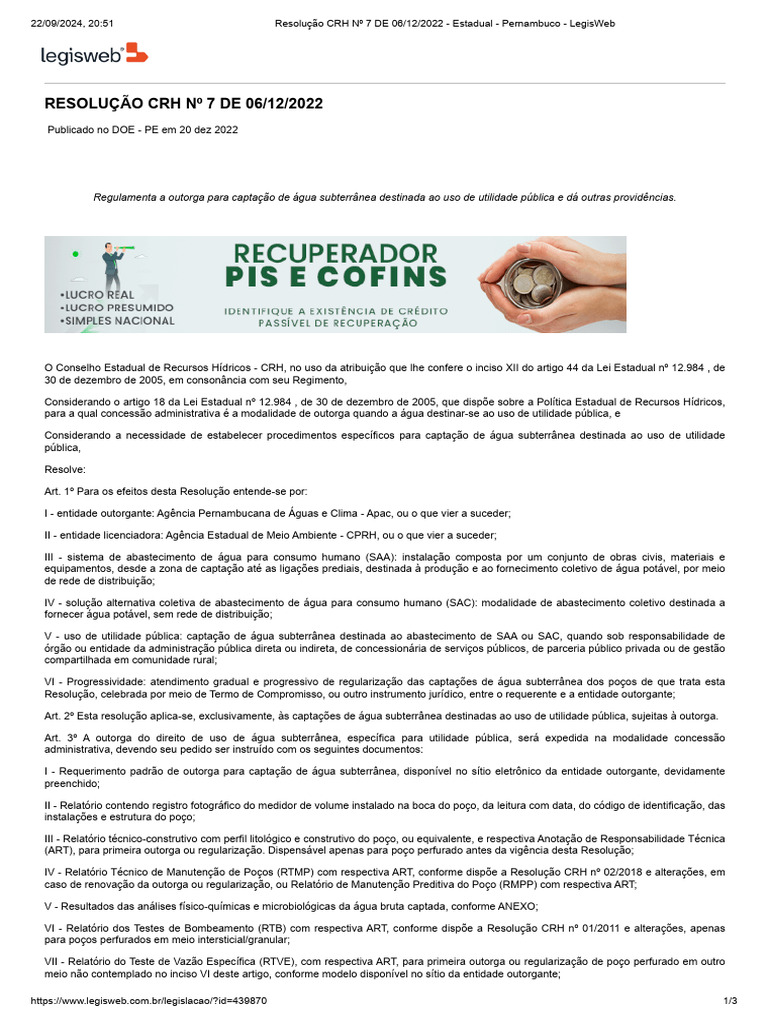 Resolução CRH #7 DE 06 - 12 - 2022 - Estadual - Pernambuco - LegisWeb | PDF