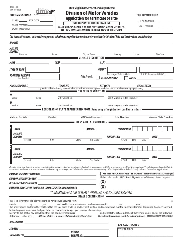 West Virginia Title Application Form | PDF | Department Of Motor ...