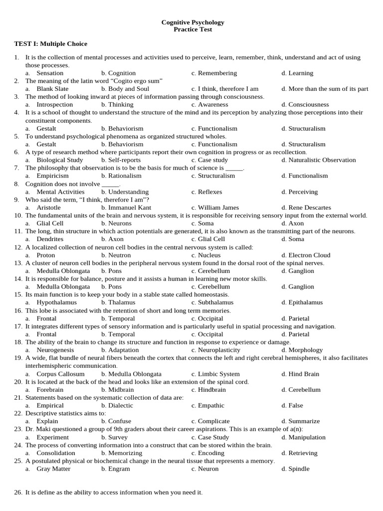 Cognitive Psychology Practice Test | PDF | Recall (Memory) | Science ...