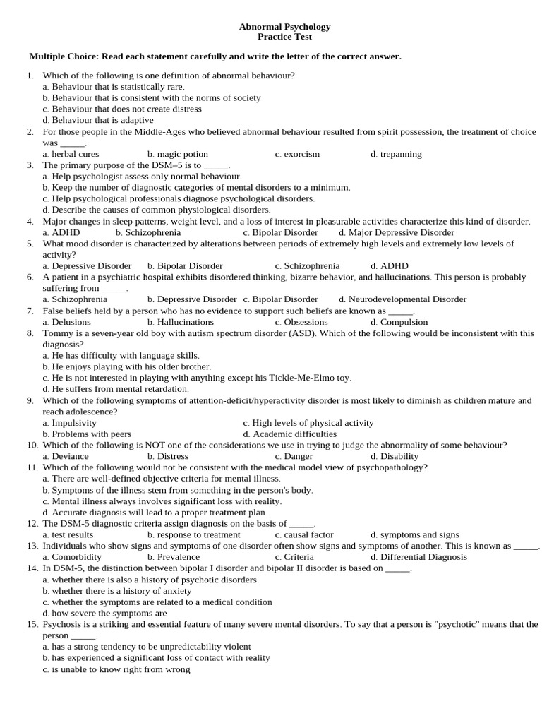 Abnormal Psychology Practest Test | PDF | Mental Disorder | Schizophrenia