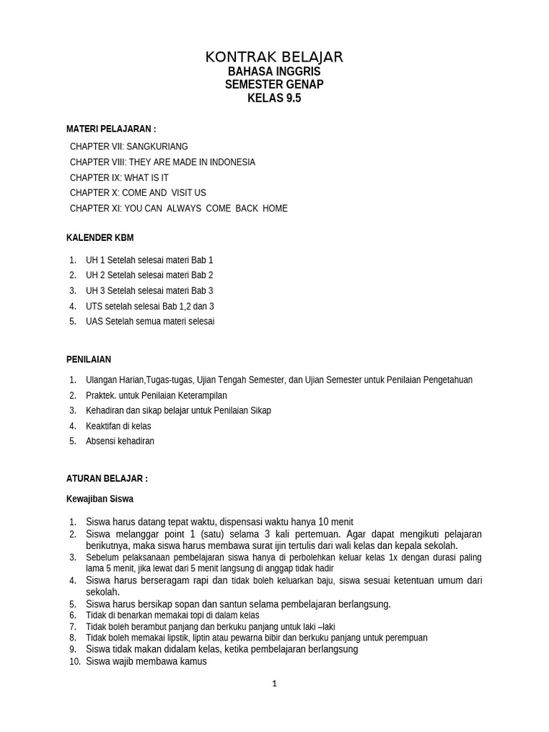 Kontrak Belajar Kelas 9 | PDF