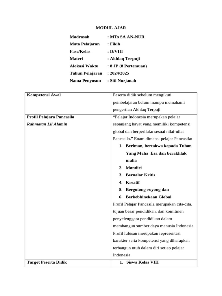 Modul Ajar Fikih (MTs SA An-Nur) - Akhlaq Terpuji | PDF
