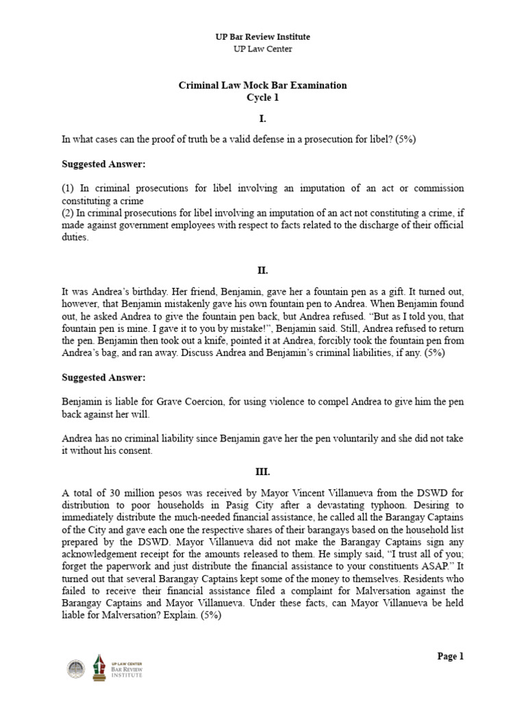 (2024 BRI RBR) C1 Mock Bar Exam - Criminal Law | PDF