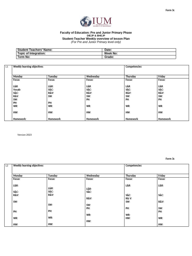 Form 3c Weekly Lesson Plan Pre and Junior Primary | PDF