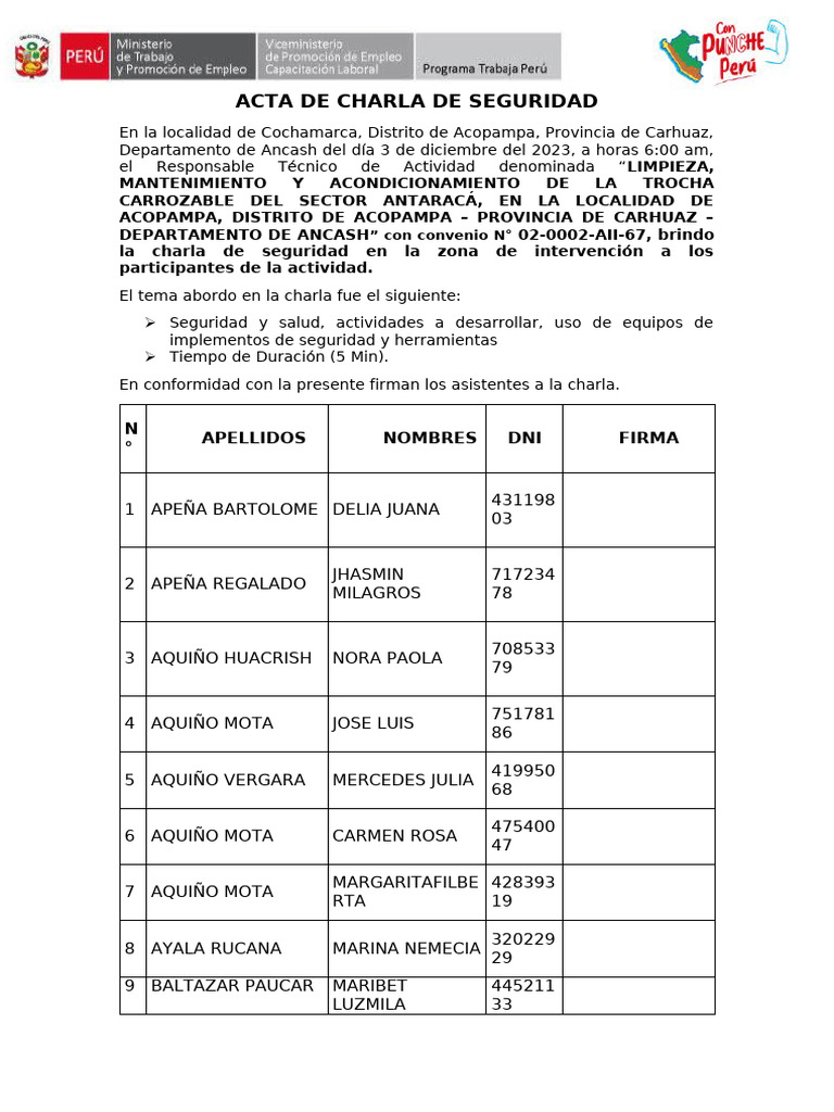 ACTA DE CHARLA DE SEGURIDAD Llamkasun Dia 3 Diciembre | PDF