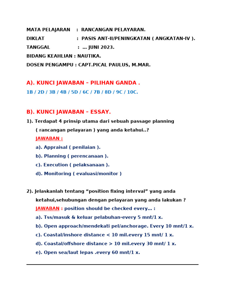 1-Kunci Jawaban Uad (Rancangan Pelayaran) - Pasis Ant-2. | PDF