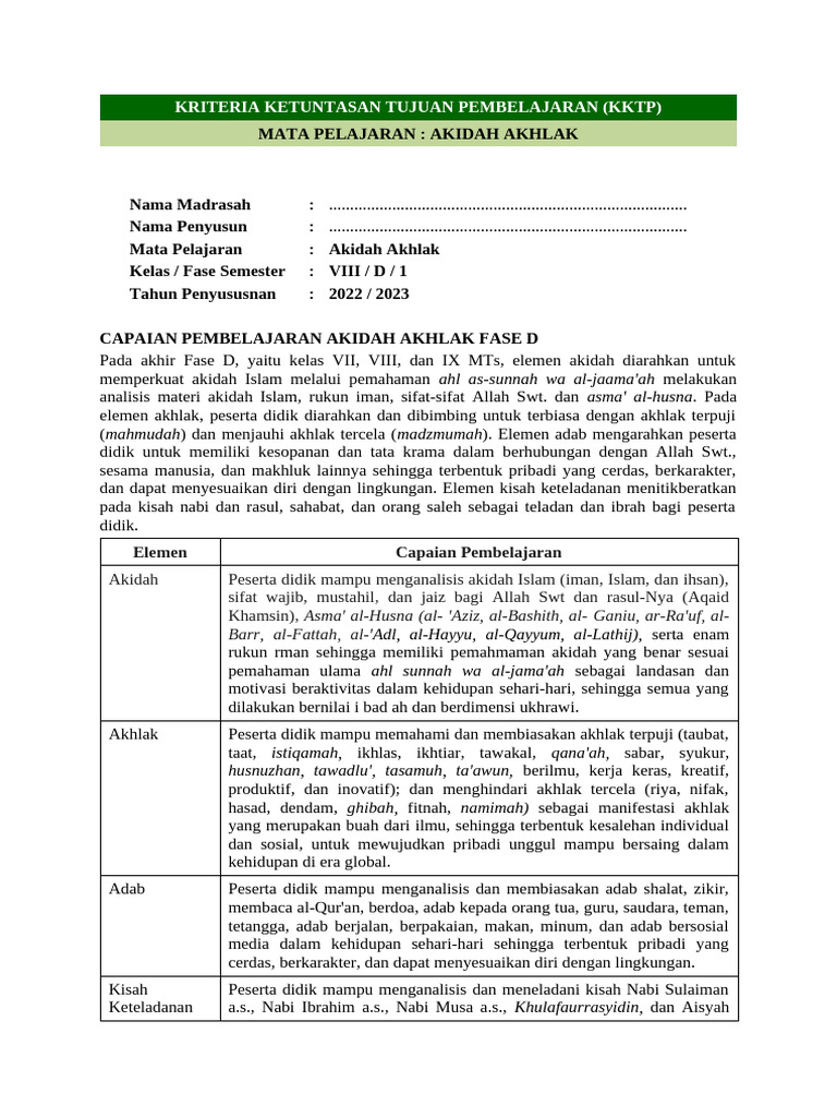 KKTP Akhlak 8 Mts | PDF