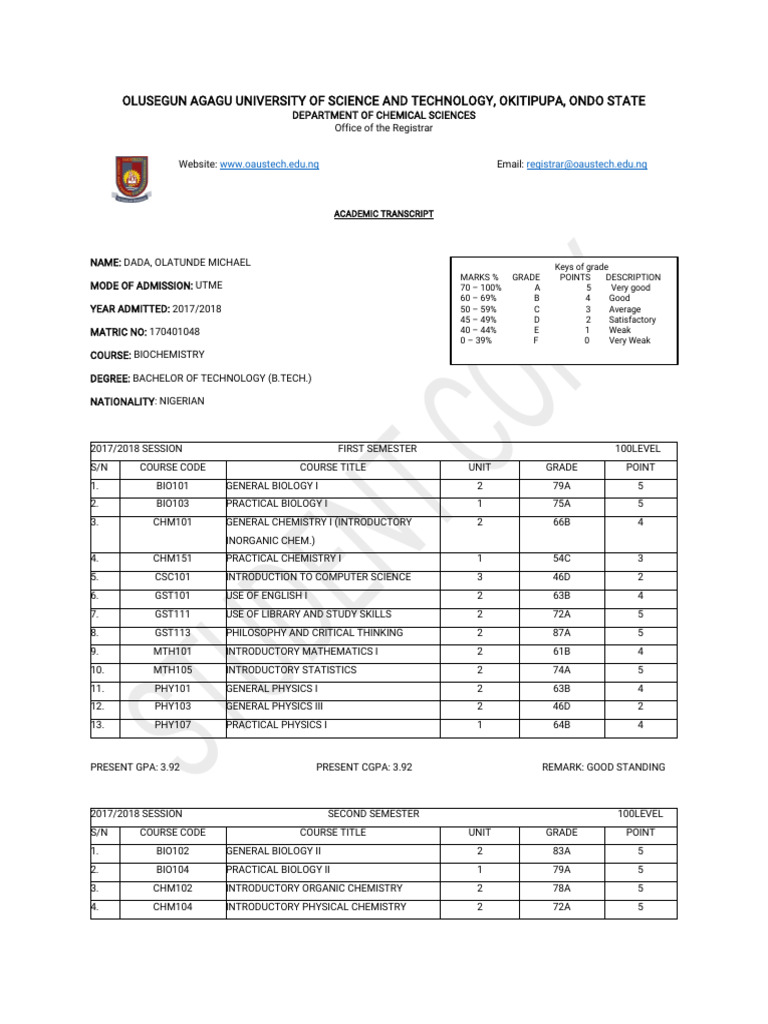 Dada Olatunde Unnoficial Transcript | PDF | Biochemistry | Chemistry