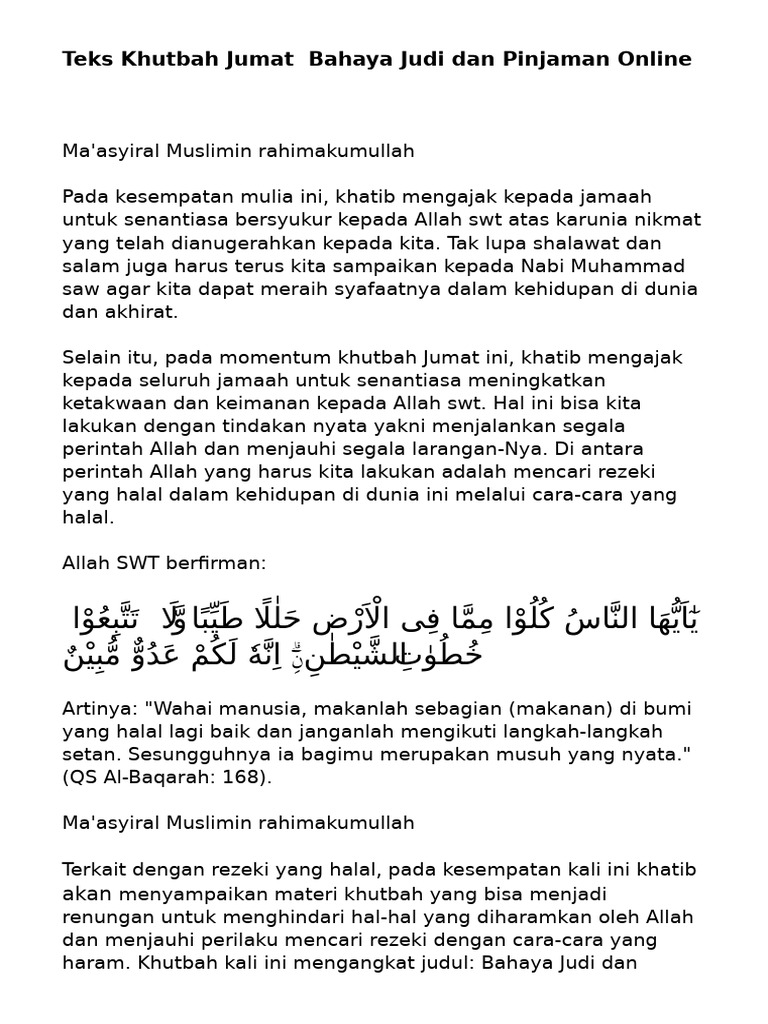 Teks Khutbah Jumat Bahaya Judi Dan Pinjaman Online | PDF
