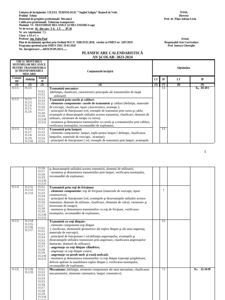 M5 - Planificare - Transmisii Mecanice Si Mecanisme | PDF