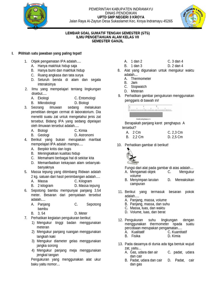 Soal PTS Ipa Vii Sem.1 2024-2025 | PDF