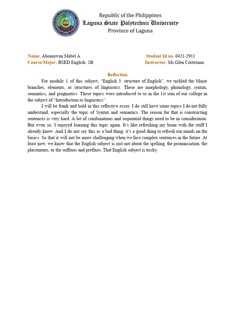 Aboniawan Mabel - BSEd English 1B - M1 Reflection | PDF