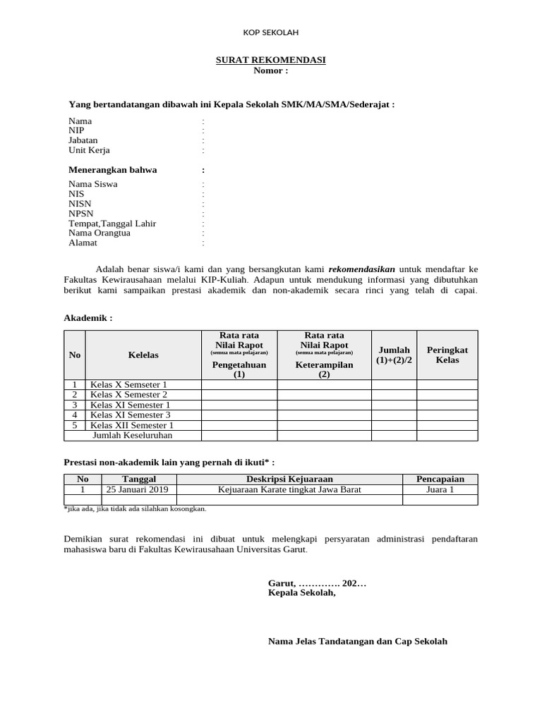 Surat Rekomendasi Sekolah KIP | PDF