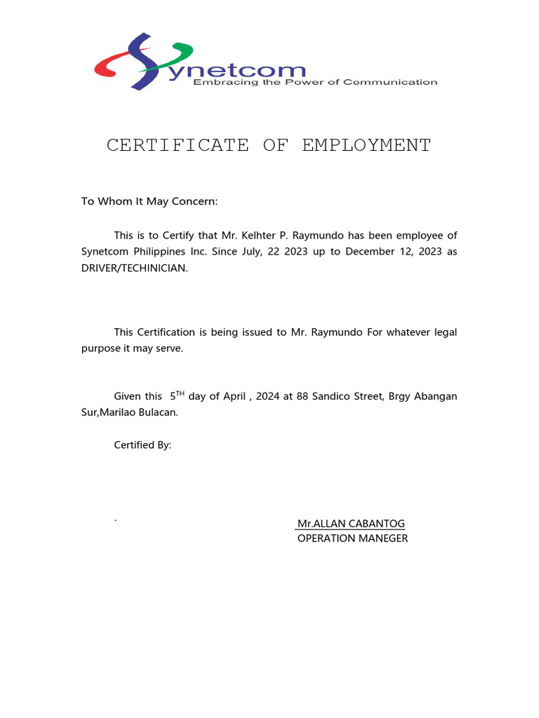 Certificate of Employment: To Whom It May Concern | PDF