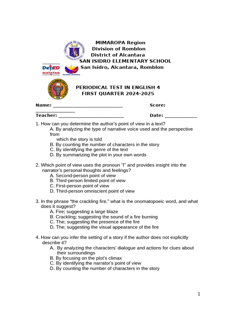 Q1 PT English 4 Matatag | PDF