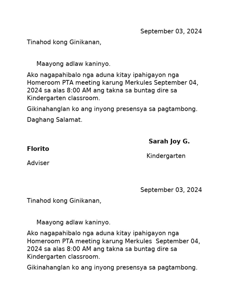 Homeroom Pta Meeting Letter | PDF