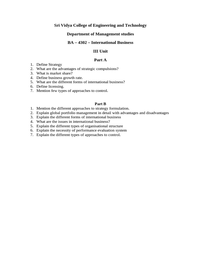 International Business Questions - III Unit - 2021 Regulations | PDF