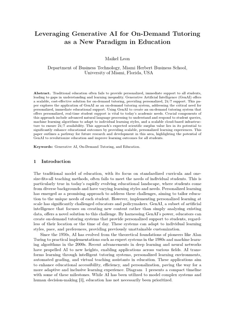 Leveraging Generative AI For On-Demand Tutoring As A New Paradigm in Education | PDF ...