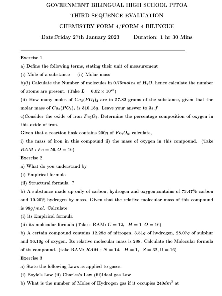 Chemistry Exam: Form 4 Evaluation | PDF | Science & Mathematics ...