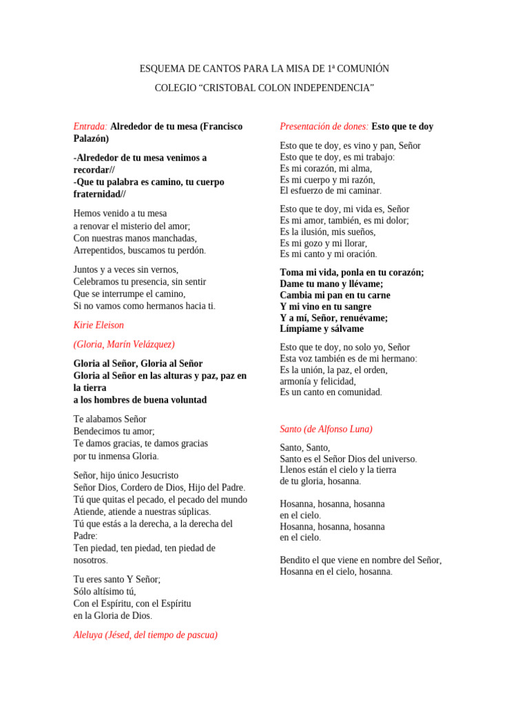 Esquema de Cantos para La Misa de 1 Comunión | PDF