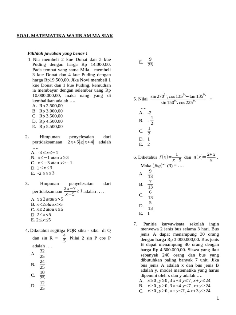 SOAL MATEMATIKA WAJIB | PDF