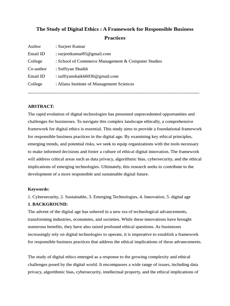 Study of Digital Ethics A Framework For Responsible Business Practices ...