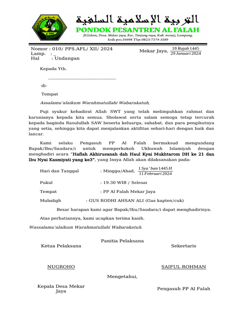 Undangan Haflah Akhirusanah Gus Rodhi | PDF