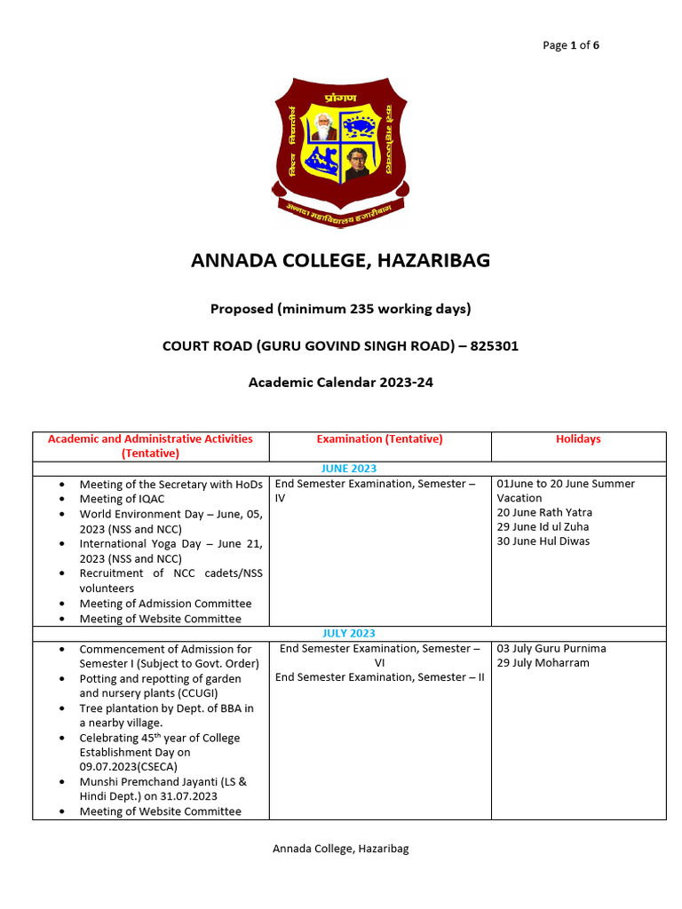 Academic Calendar 2023-24 - b012 | PDF