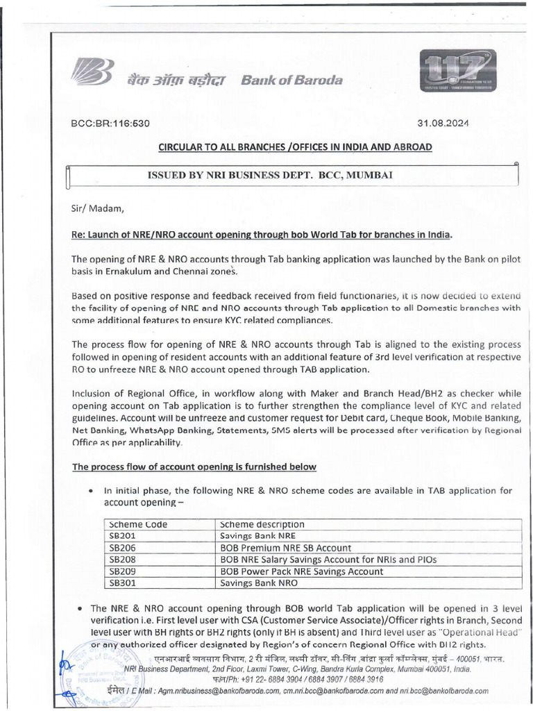 Circular NRI Account Opening Through Bob World Tab. | PDF