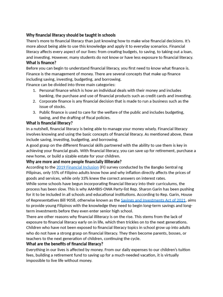 Why Financial Literacy Should Be Taught in Schools | PDF | Financial ...