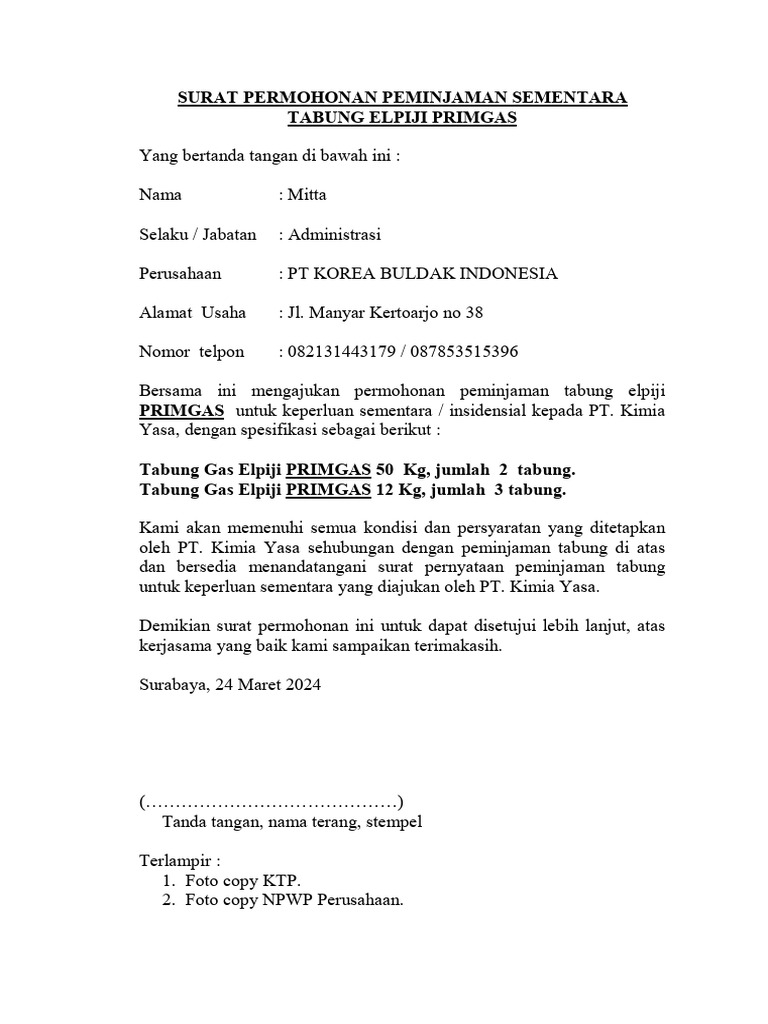 Surat Permohonan Peminjaman Sementara Tabung LPG Primgas (Ahjumma ...