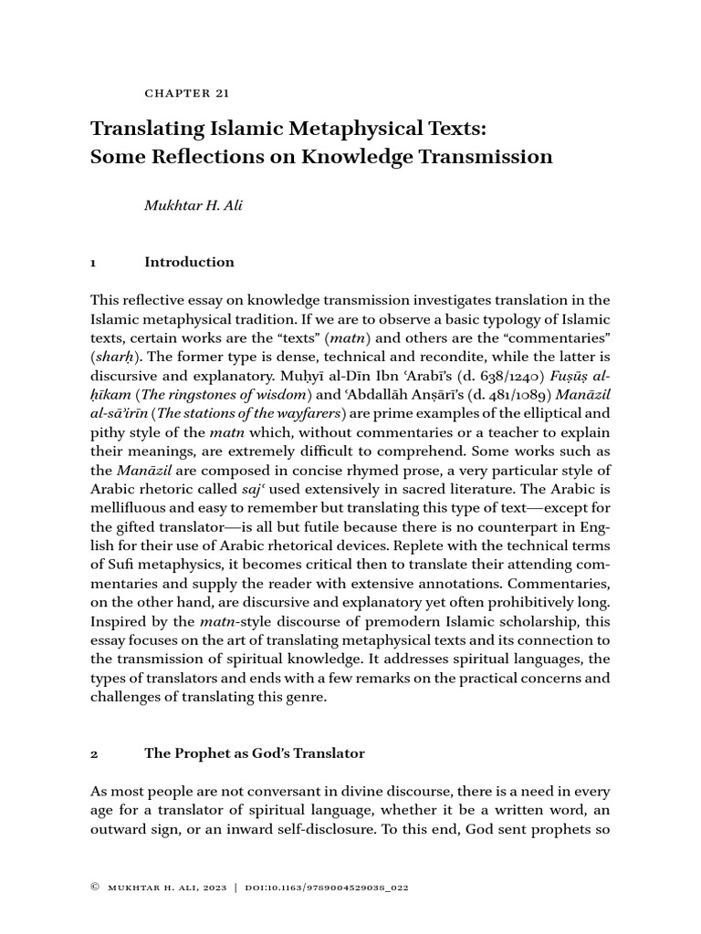 Translating Islamic Metaphysical Texts. Some Reflections On Knowledge ...