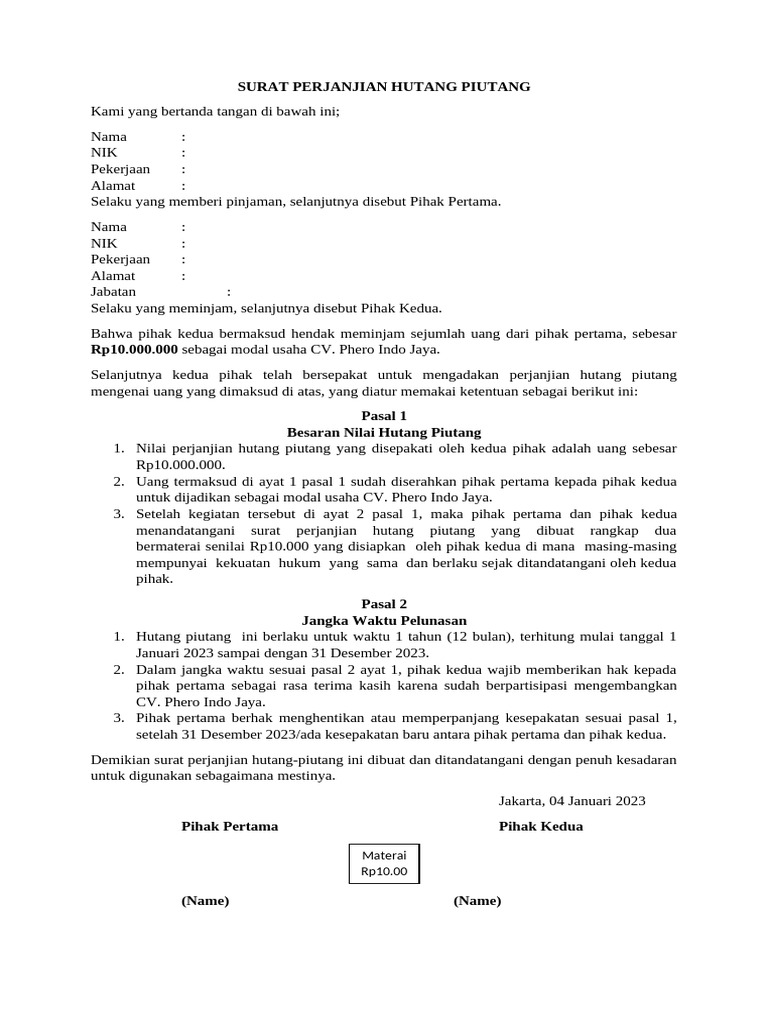 SURAT PERJANJIAN HUTANG | PDF