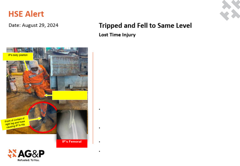 HSE ALERT - LTI - Tripped and Fell To Same Level (August 29 2024) | PDF