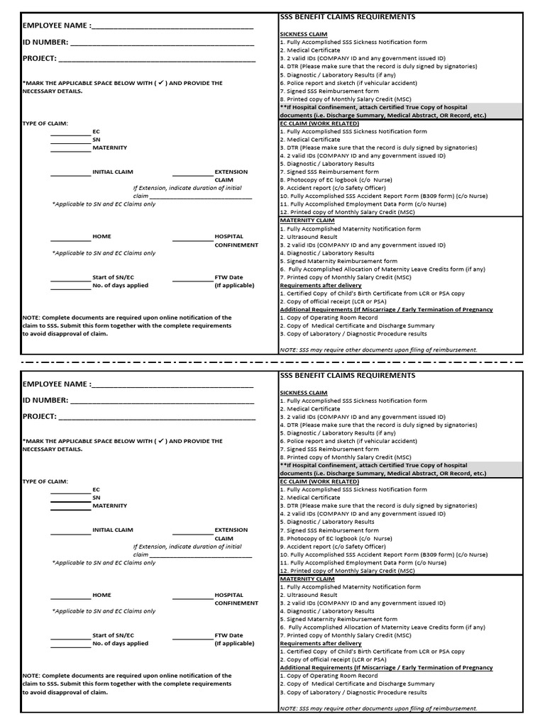 Revised SSS Benefit Claims Checklist - 1 | PDF