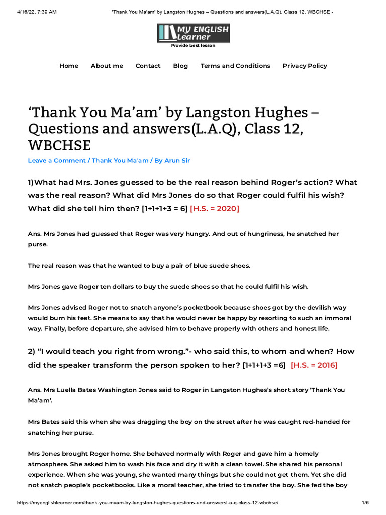 Thank You Ma'am' by Langston Hughes S | PDF | Sports & Recreation ...
