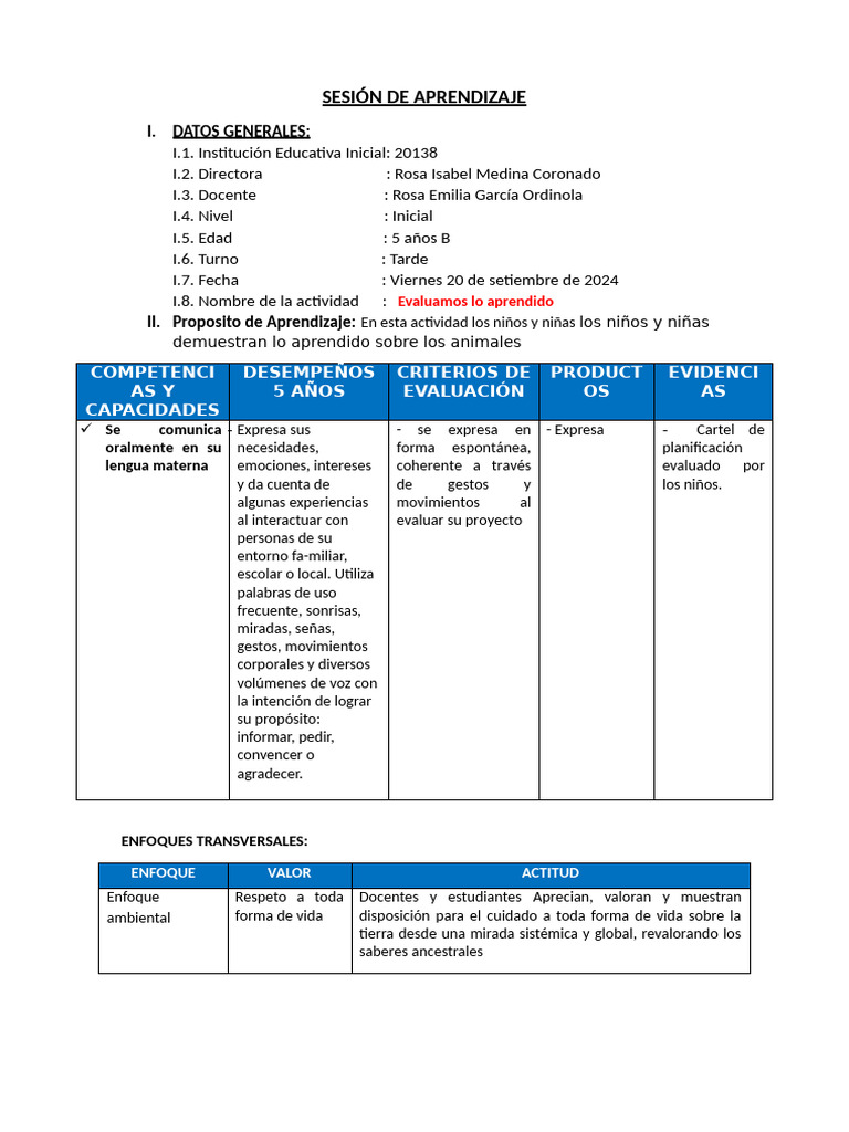SESIÓN DE APRENDIZAJE Viernes 20 de Setiembre 2024 | PDF