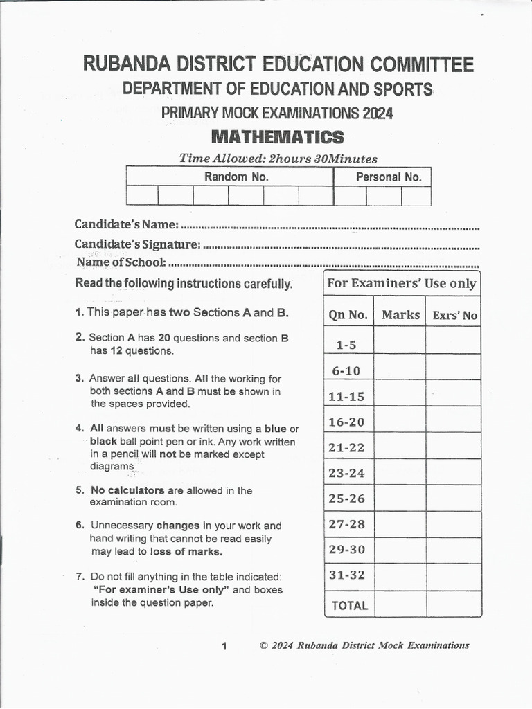 Rubanda District MTC Mock 2024. | PDF