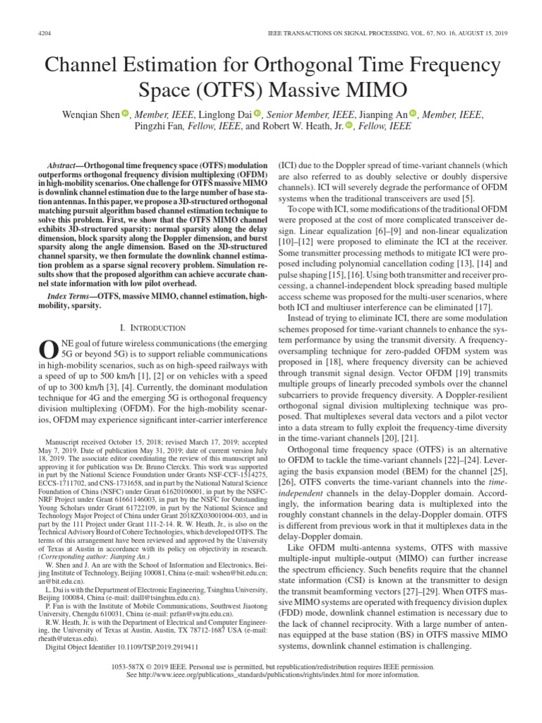 Channel Estimation For Orthogonal Time Frequency Space OTFS Massive MIMO | PDF