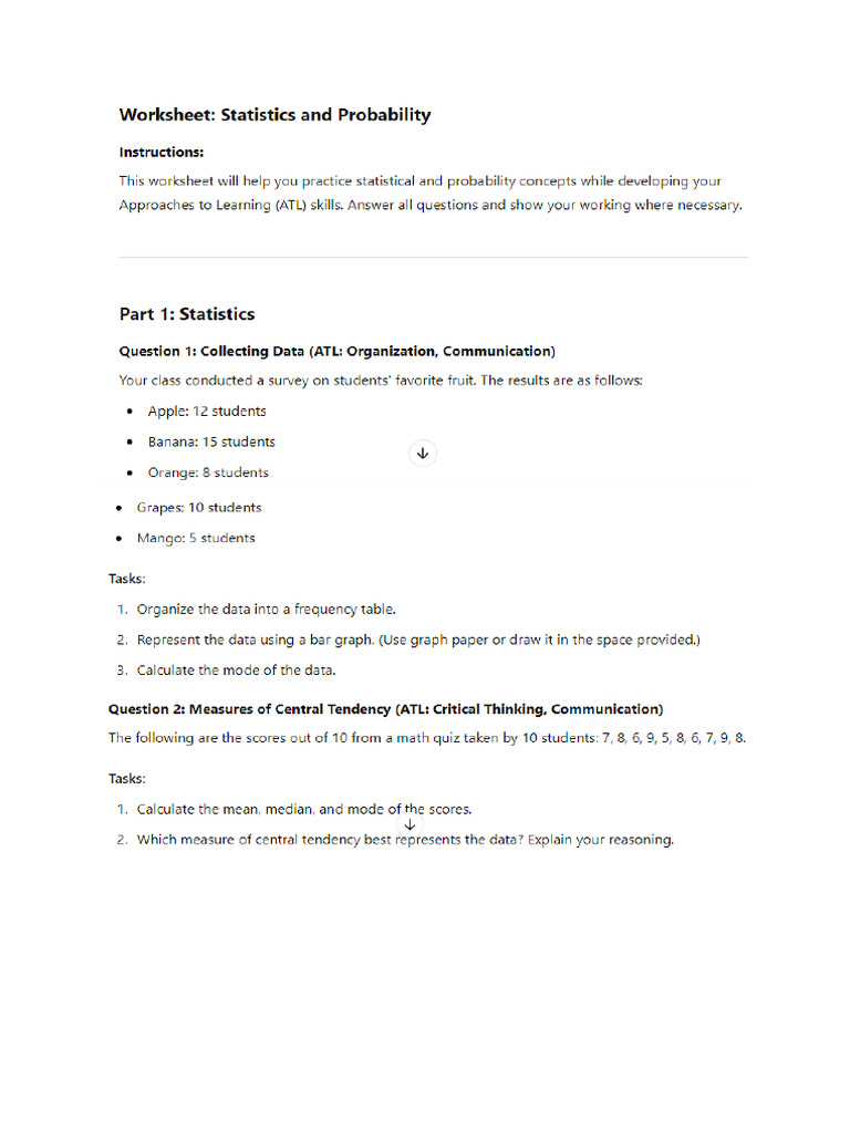 ATL Worksheet For MYP 3 On Statistics and Probability | PDF