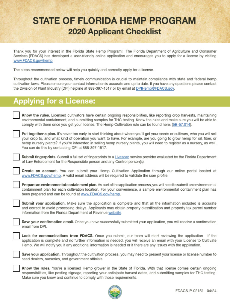 State of Florida Hemp Program - 2020 Applicant Checklist | PDF | Hemp ...